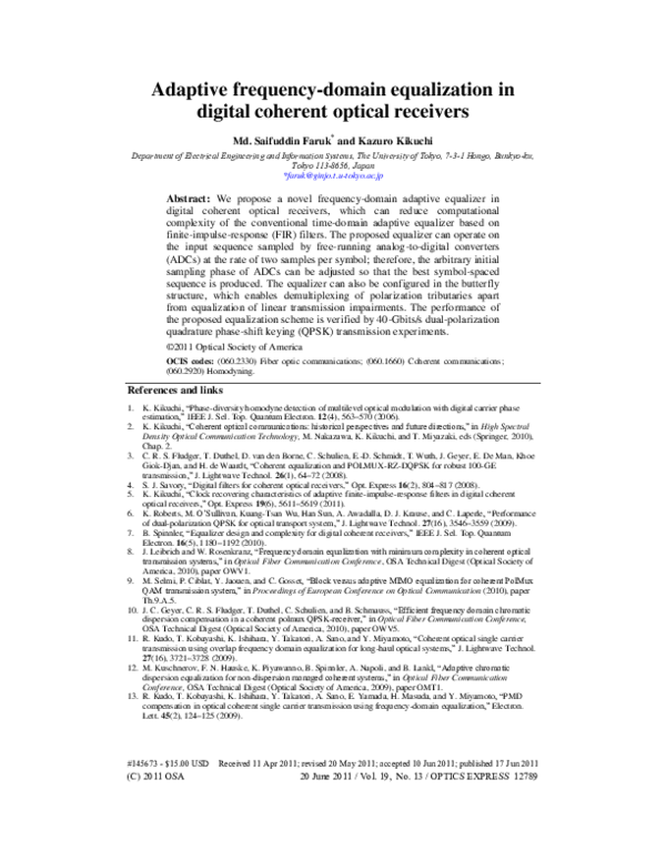 Pdf Adaptive Frequency Domain Equalization In Digital Coherent Optical Receivers