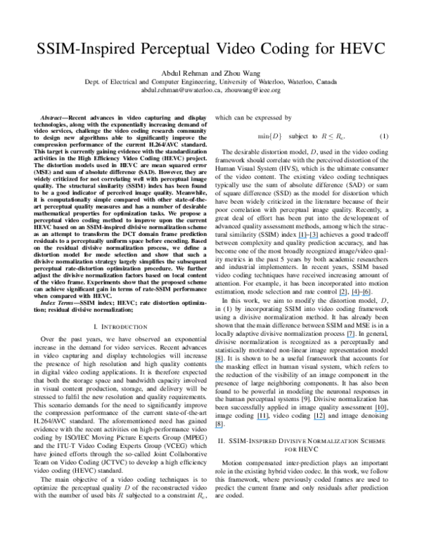 (PDF) SSIM-Inspired Perceptual Video Coding for HEVC