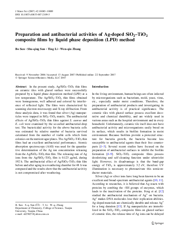 (PDF) Preparation and antibacterial activities of Ag-doped SiO2–TiO2 composite films by liquid ...