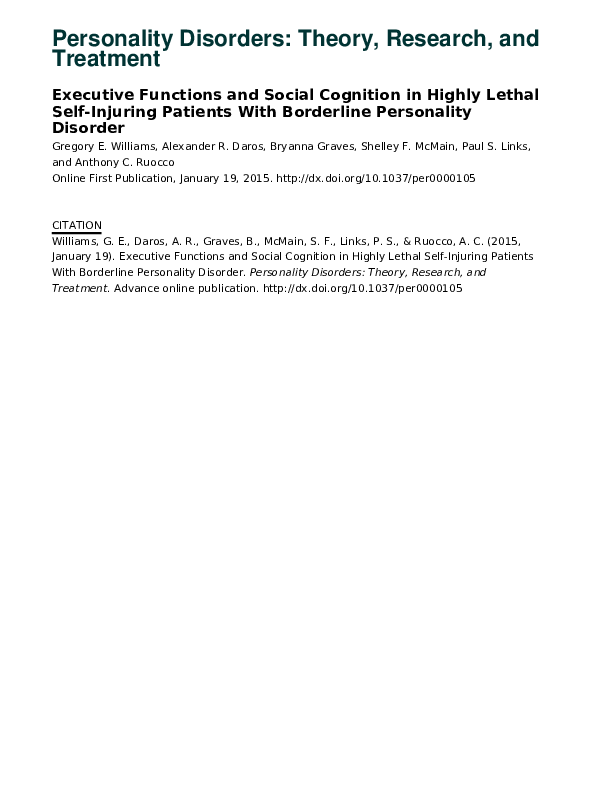 (PDF) Executive Functions and Social Cognition in Highly Lethal Self-Injuring Patients With ...