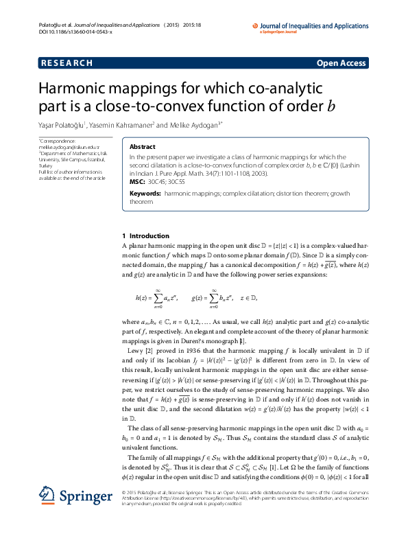 (PDF) Harmonic mappings for which co-analytic part is a close-to-convex function of order b