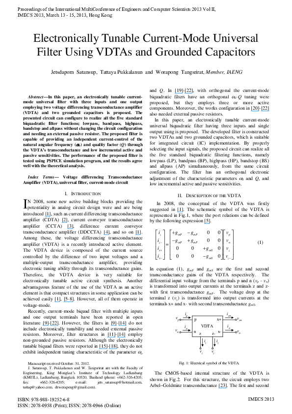 (PDF) ELECTRONICALLY TUNABLE CURRENT-MODE UNIVERSAL BIQUAD FILTER USING DUAL-X CURRENT CONVEYORS