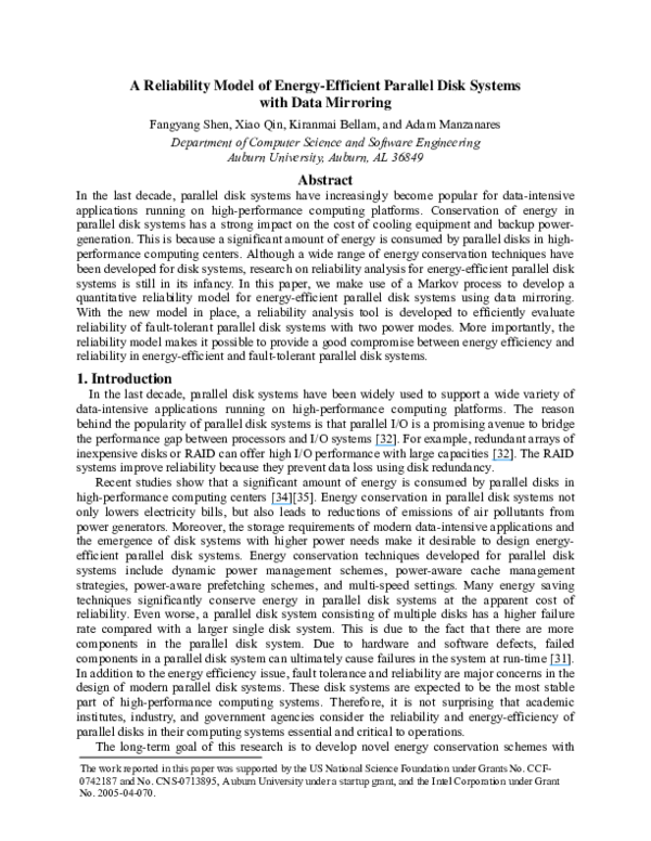 Pdf A Reliability Model Of Energy Efficient Parallel Disk Systems