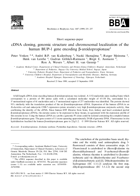 (PDF) cDNA Cloning, Genomic Structure, and Chromosomal Localization of Three Members of the ...