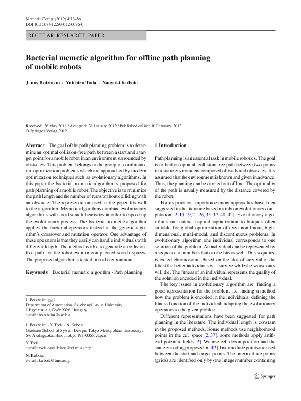 Pdf Bacterial Memetic Algorithm For Offline Path Planning Of Mobile Robots