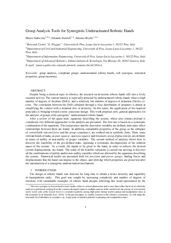 Pdf Grasp Analysis Tools For Synergistic Underactuated Robotic Hands