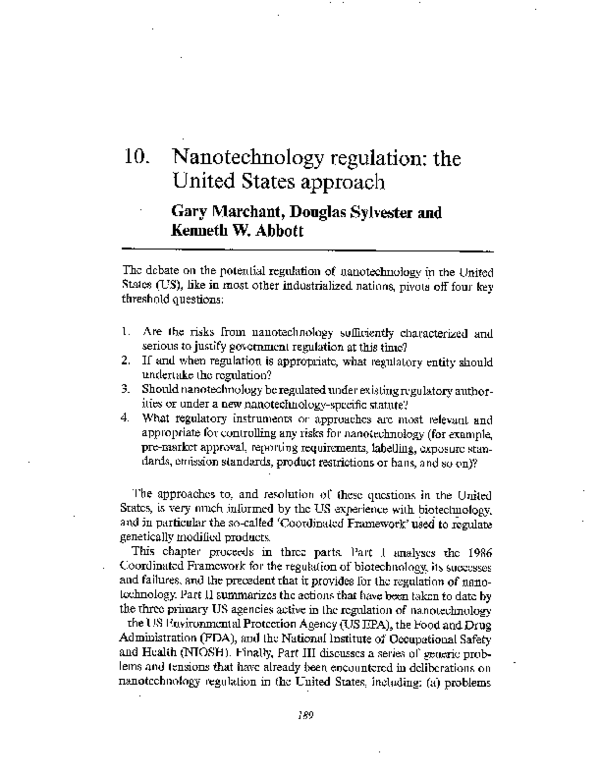(PDF) Nanotechnology regulation: the United States approach | Gary ...