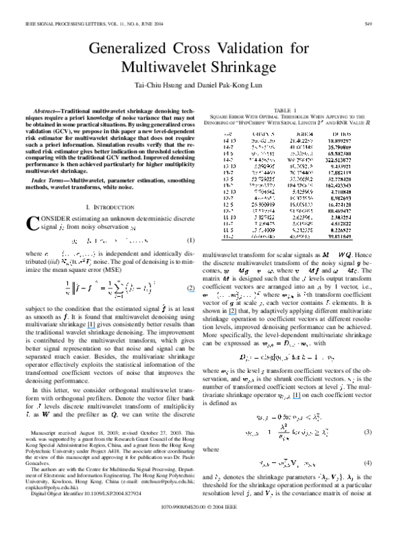(PDF) Generalized Cross Validation for Multiwavelet Shrinkage