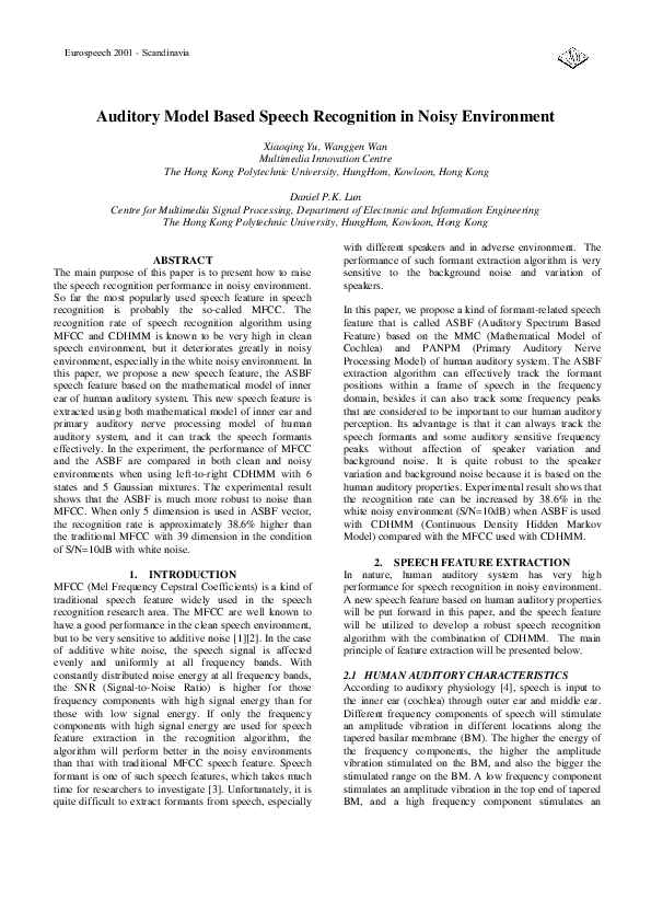 (PDF) Auditory model based speech recognition in noisy environment