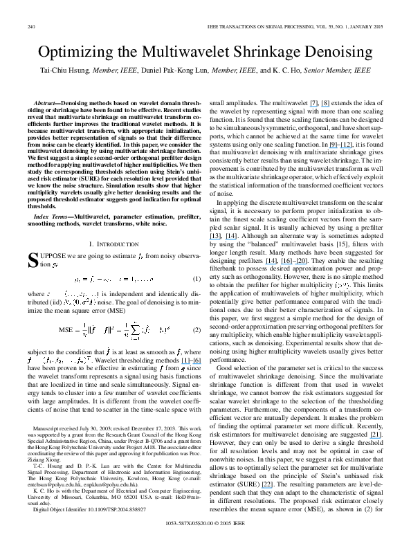 (PDF) Optimizing the multiwavelet shrinkage denoising