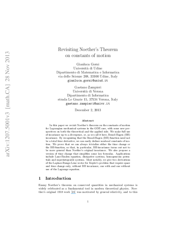 Pdf Revisiting Noether S Theorem On Constants Of Motion Gaetano