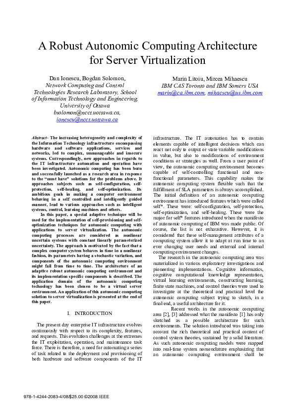 Pdf A Robust Autonomic Computing Architecture For Server Virtualization