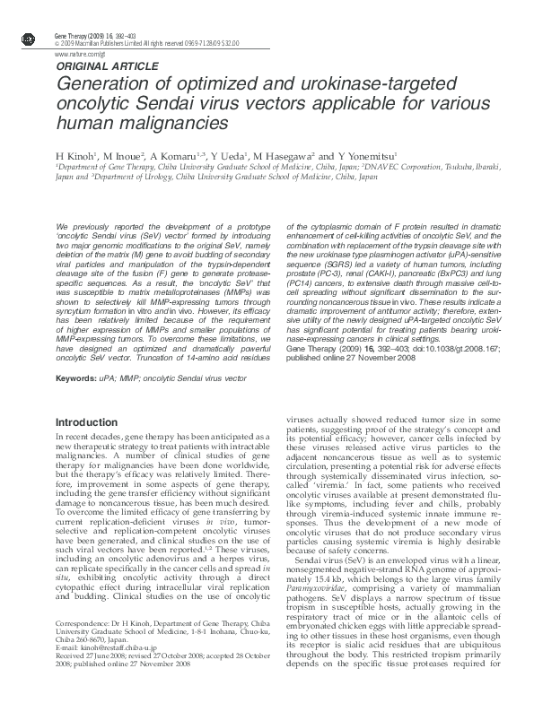(PDF) Generation of optimized and urokinase-targeted oncolytic Sendai ...