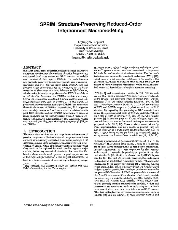 (PDF) SPRIM: structure-preserving reduced-order interconnect macromodeling