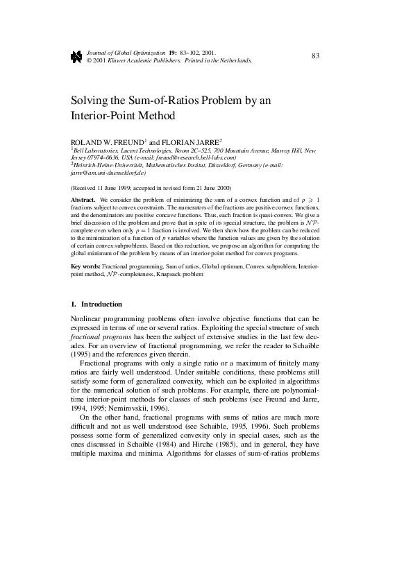 (PDF) Solving the Sum-of-Ratios Problem by an Interior-Point Method