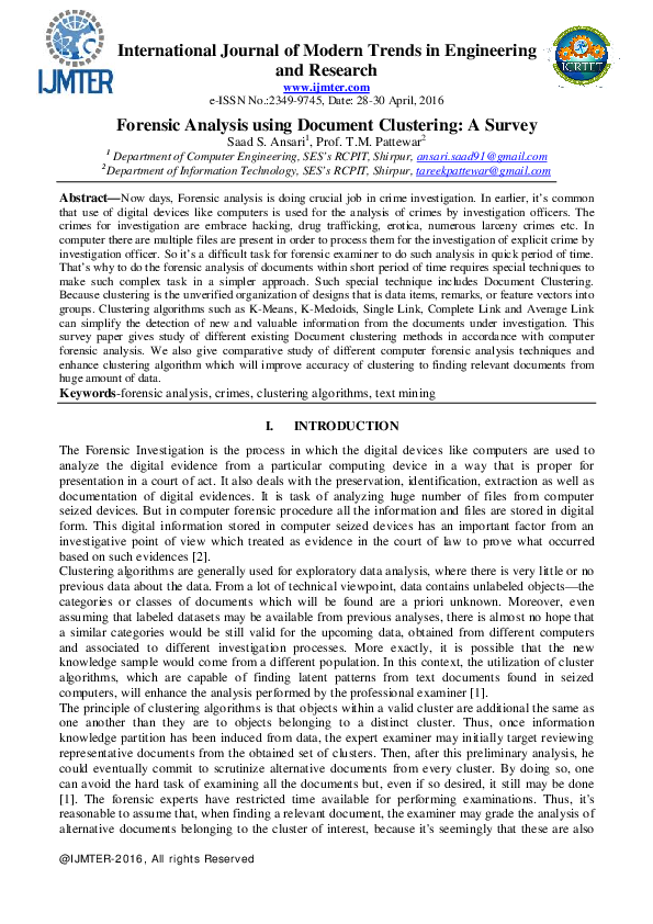 Pdf Forensic Analysis Using Document Clustering A Survey