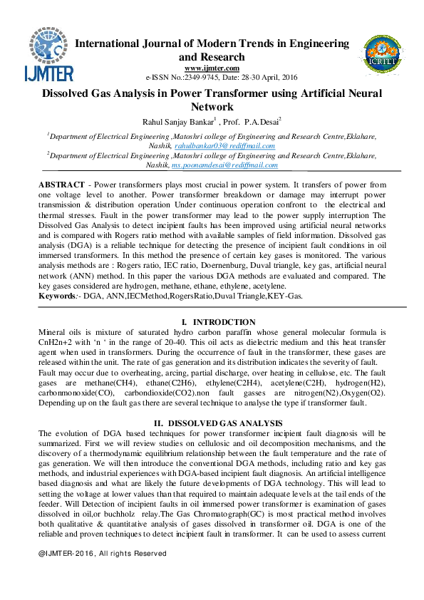 Pdf Dissolved Gas Analysis In Power Transformer Using Artificial Neural Network