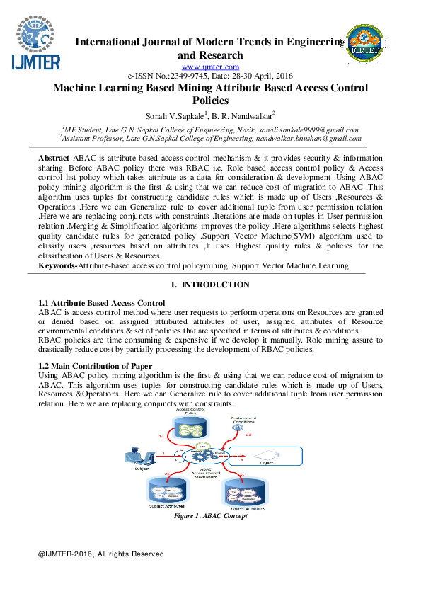 Pdf Machine Learning Based Mining Attribute Based Access Control Policies