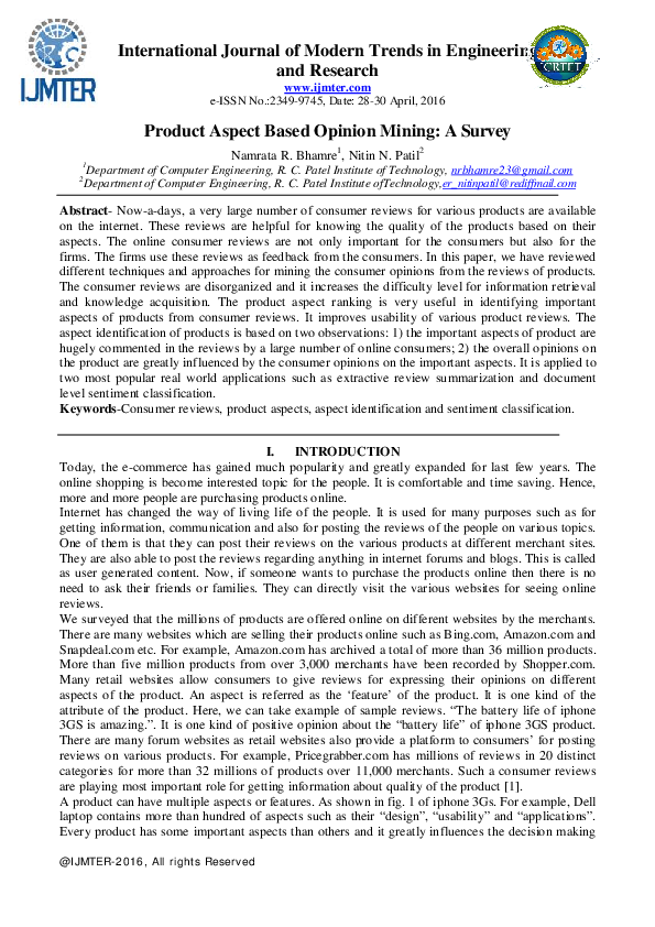 (PDF) Product Aspect Based Opinion Mining: A Survey
