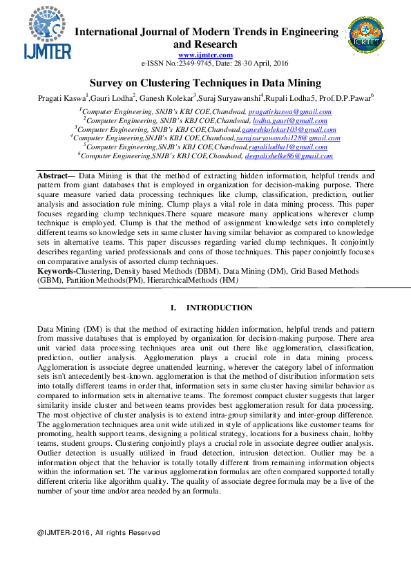 Pdf Survey On Clustering Techniques In Data Mining