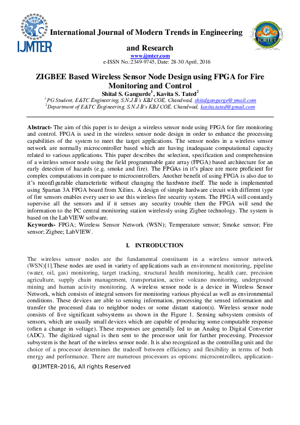 Pdf Zigbee Based Wireless Sensor Node Design Using Fpga For Fire Monitoring And Control