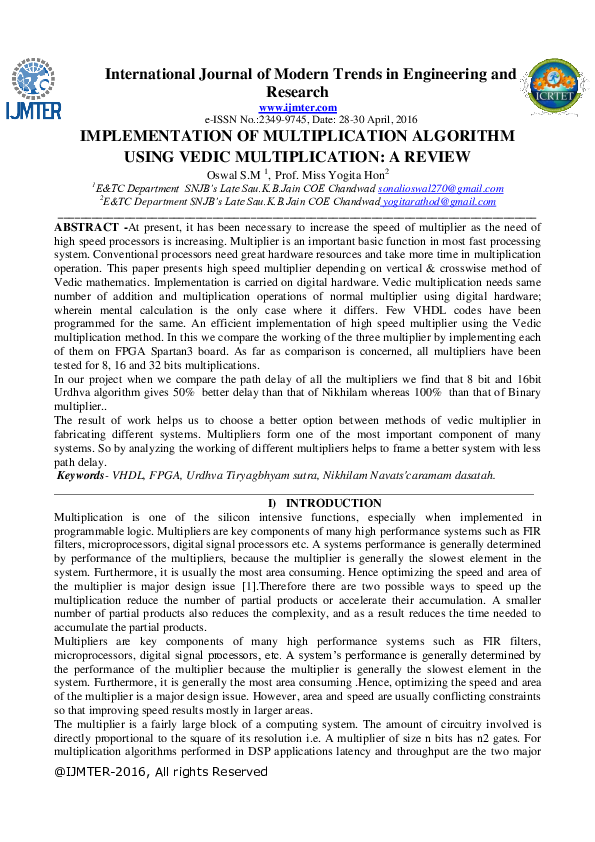 (PDF) IMPLEMENTATION OF MULTIPLICATION ALGORITHM USING VEDIC MULTIPLICATION: A REVIEW