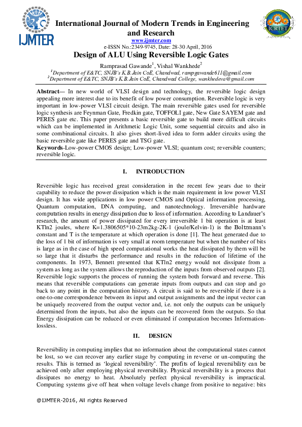 (PDF) Design of ALU Using Reversible Logic Gates