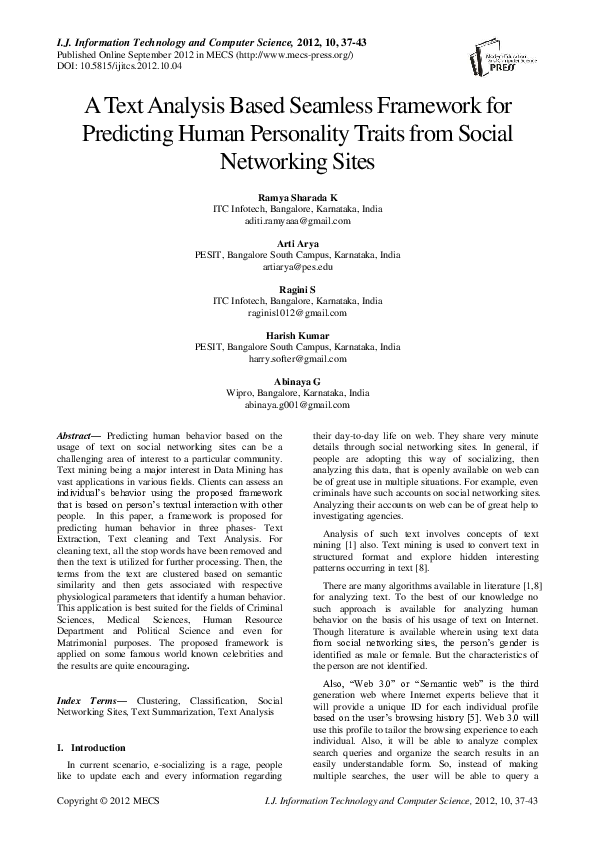 (PDF) A Text Analysis Based Seamless Framework for Predicting Human Personality Traits from ...