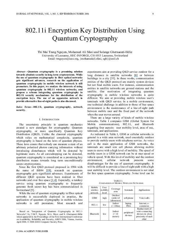 (PDF) 802.11i Encryption Key Distribution Using Quantum Cryptography