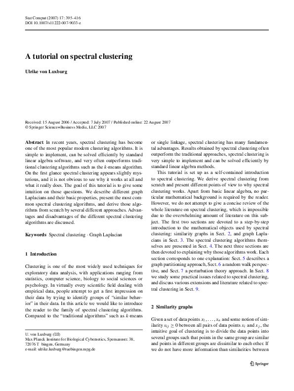 Pdf A Tutorial On Spectral Clustering