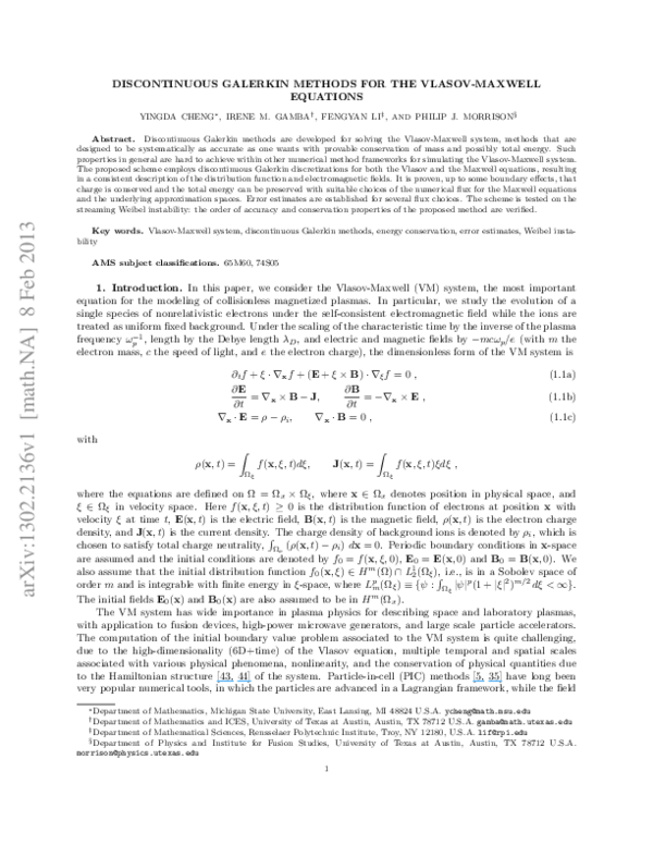 (PDF) Discontinuous Galerkin Methods for the Vlasov--Maxwell Equations