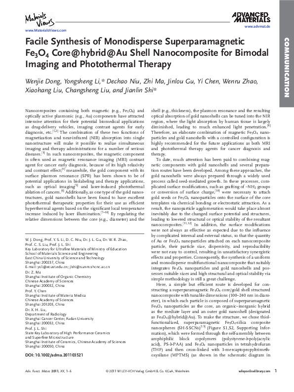 (PDF) Theranostic Nanoshells: Facile Synthesis of Monodisperse Superparamagnetic Fe3O4 Core ...