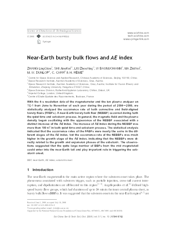 (PDF) Near-Earth bursty bulk flows and AE index