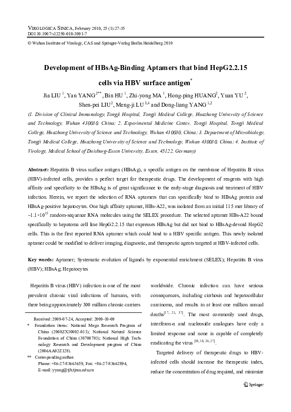 (PDF) Development of HBsAg-binding aptamers that bind HepG2.2.15 cells via HBV surface antigen