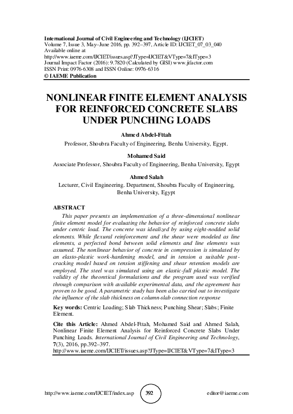 Pdf Nonlinear Finite Element Analysis For Reinforced Concrete Slabs Under Punching Loads