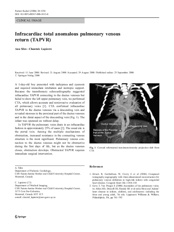 (PDF) Infracardiac total anomalous pulmonary venous return (TAPVR)
