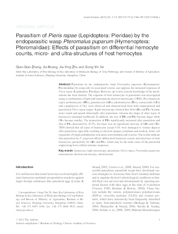 (PDF) Parasitism of Pieris rapae (Lepidoptera: Pieridae) by the ...