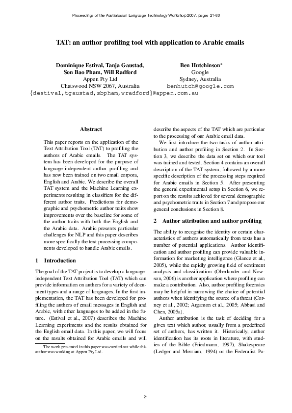 (PDF) TAT: an author profiling tool with application to Arabic emails