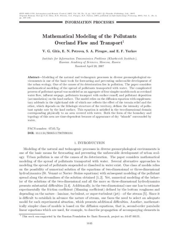 (PDF) Mathematical modeling of the pollutants overland flow and transport