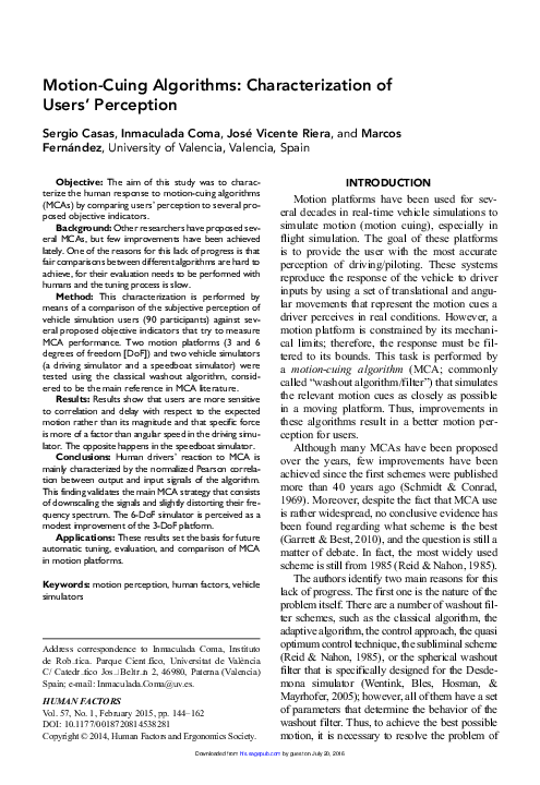 (PDF) Motion-Cuing Algorithms: Characterization of Users' Perception
