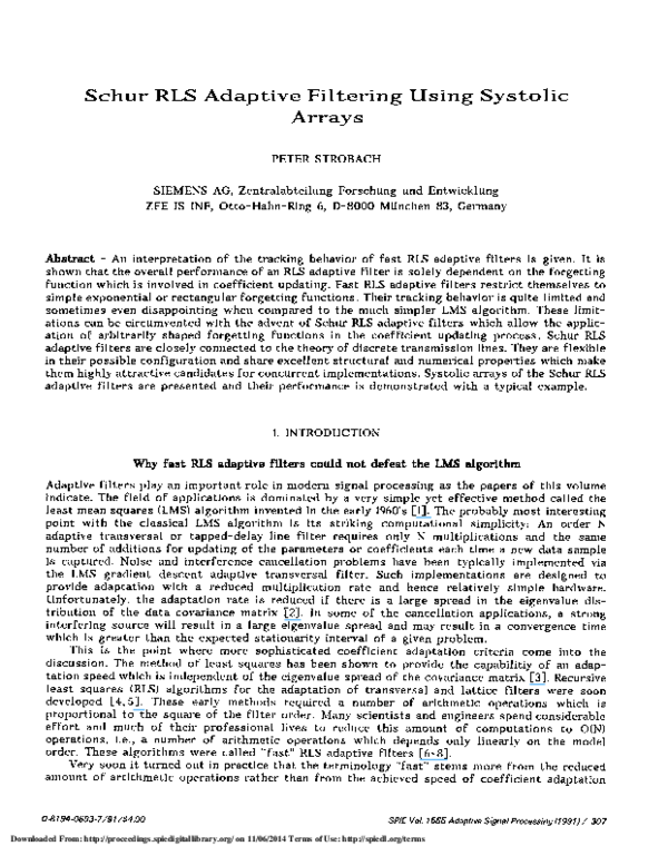 (PDF) Schur RLS adaptive filtering using systolic arrays | Peter Strobach - Academia.edu
