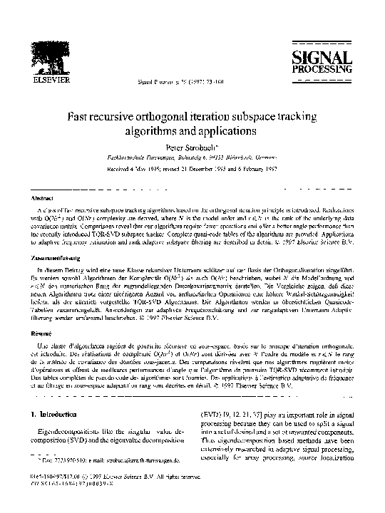Pdf Fast Recursive Orthogonal Iteration Subspace Tracking Algorithms