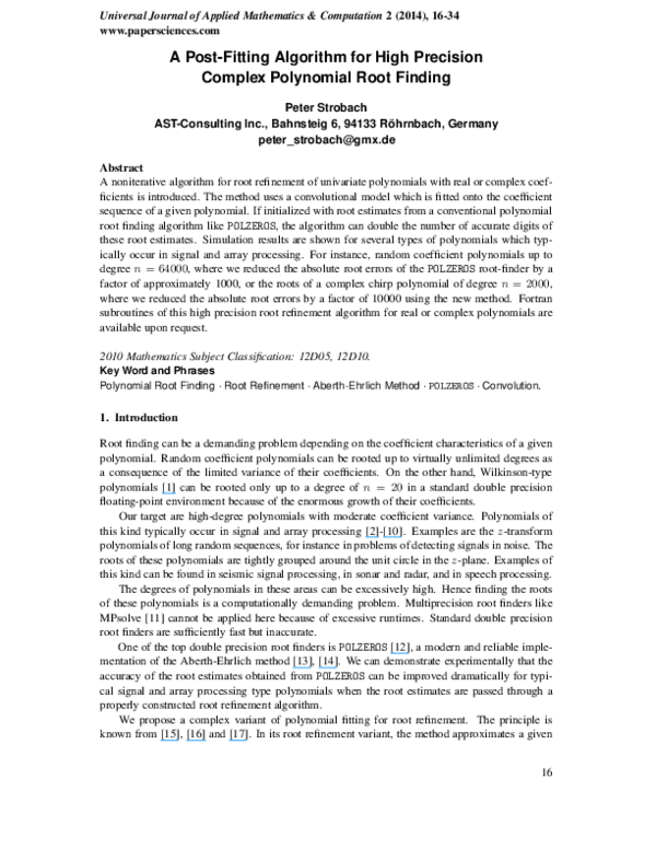 (PDF) A Post-Fitting Algorithm for High Precision Complex Polynomial Root Finding