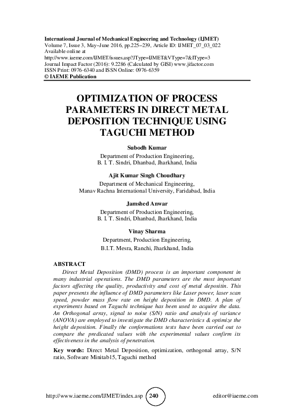 Pdf Optimization Of Process Parameters In Direct Metal Deposition Technique Using Taguchi Method