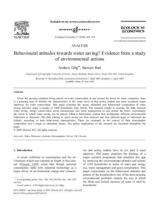 (PDF) Behavioural attitudes towards water saving? Evidence from a study ...