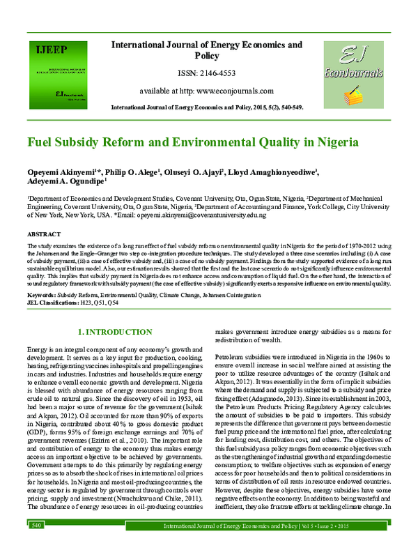 (PDF) Fuel Subsidy Reform and Environmental Quality in Nigeria