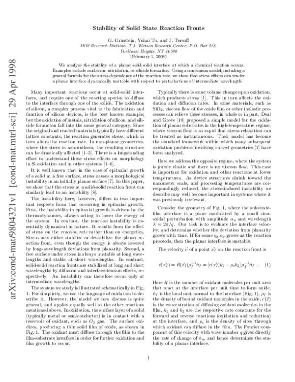 (PDF) Stability of Solid State Reaction Fronts