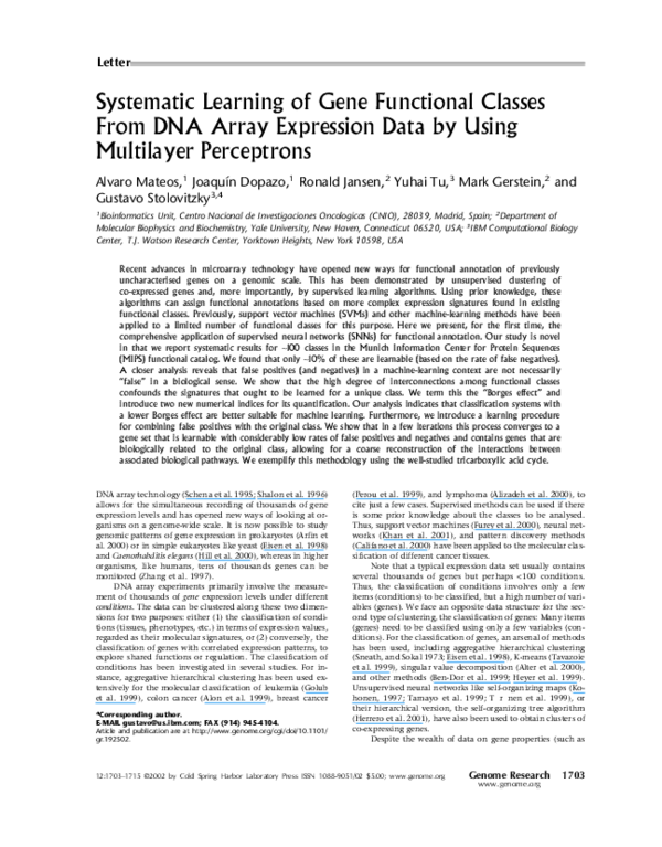 (PDF) Systematic Learning of Gene Functional Classes From DNA Array Expression Data by Using ...