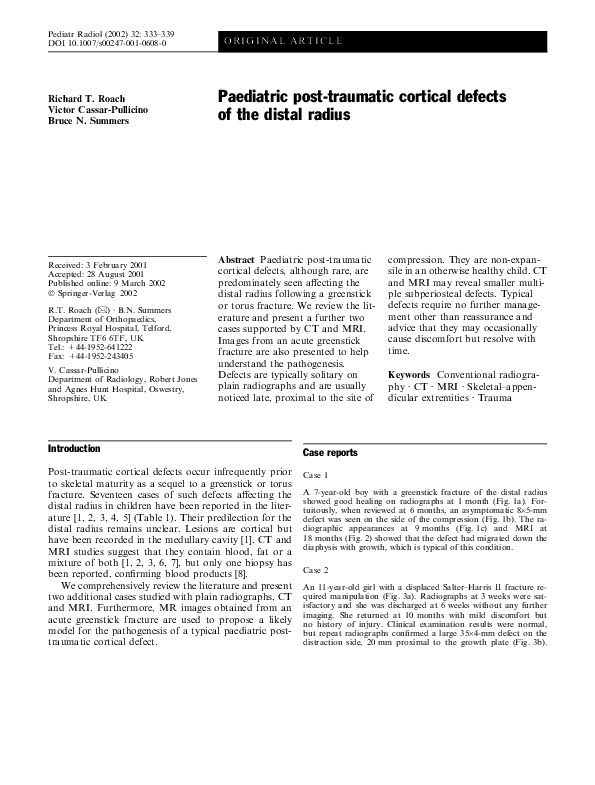 (PDF) Paediatric post-traumatic cortical defects of the distal radius