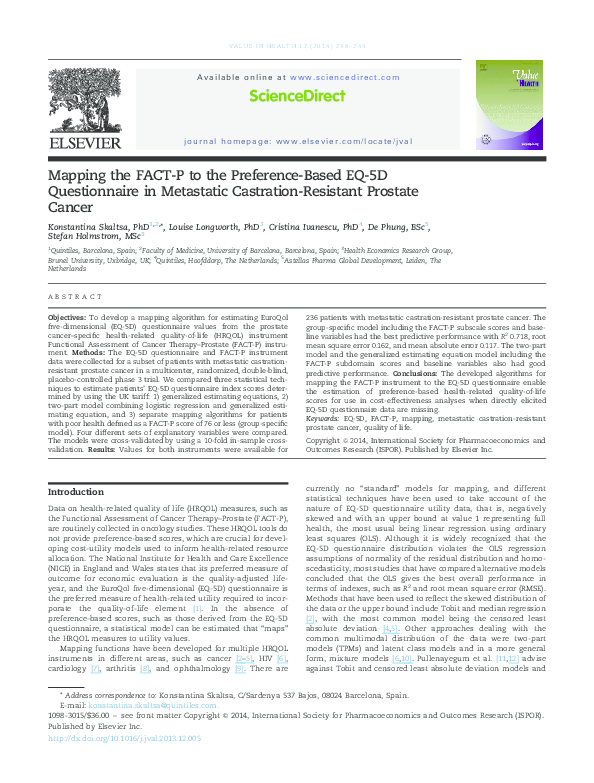 (PDF) Mapping the FACT-P to the Preference-Based EQ-5D Questionnaire in ...